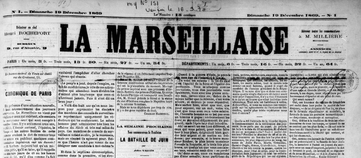 N°1. Dimanche 19 décembre 1869, Chronique de Paris – La Commune de Paris