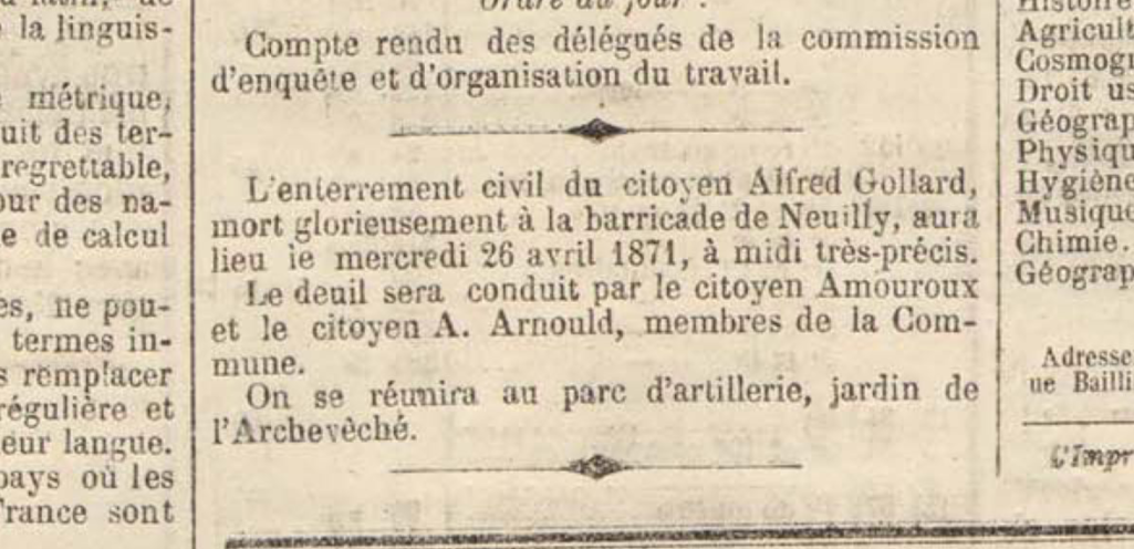 Mort glorieuse d’Alfred Gollard, chapelier – La Commune de Paris